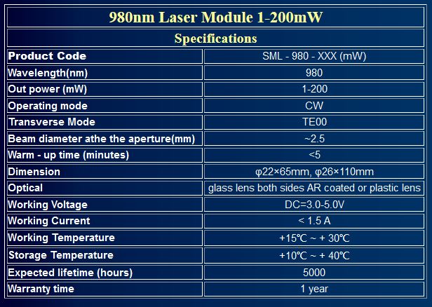 980nm Laser Module 1-200mW - (주)비엠레이저솔루션