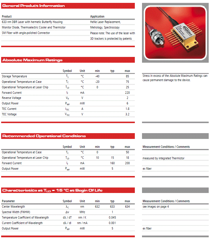 GaAs Semiconductor Laser Diode with integrated grating structure 633 nm ...