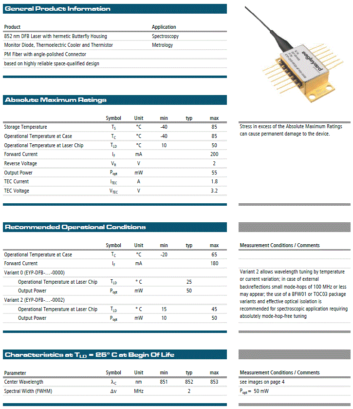 SINGLE FREQUENCY LASER DIODES Distributed Feedback Laser 852 nm DFB Laser with hermetic ...