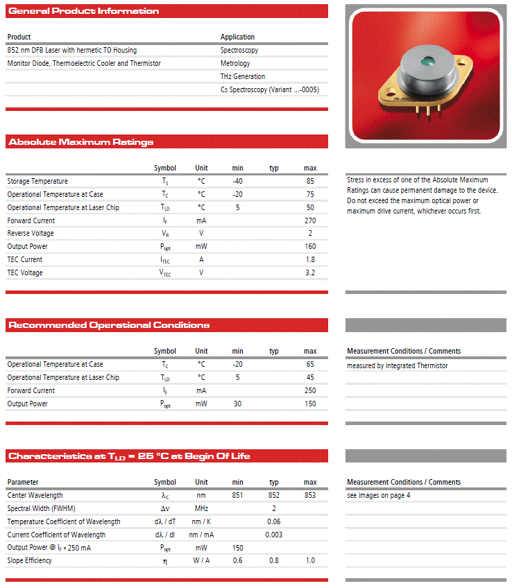 GaAs Semiconductor Laser Diode with integrated grating structure 852 nm DFB Laser with hermetic ...