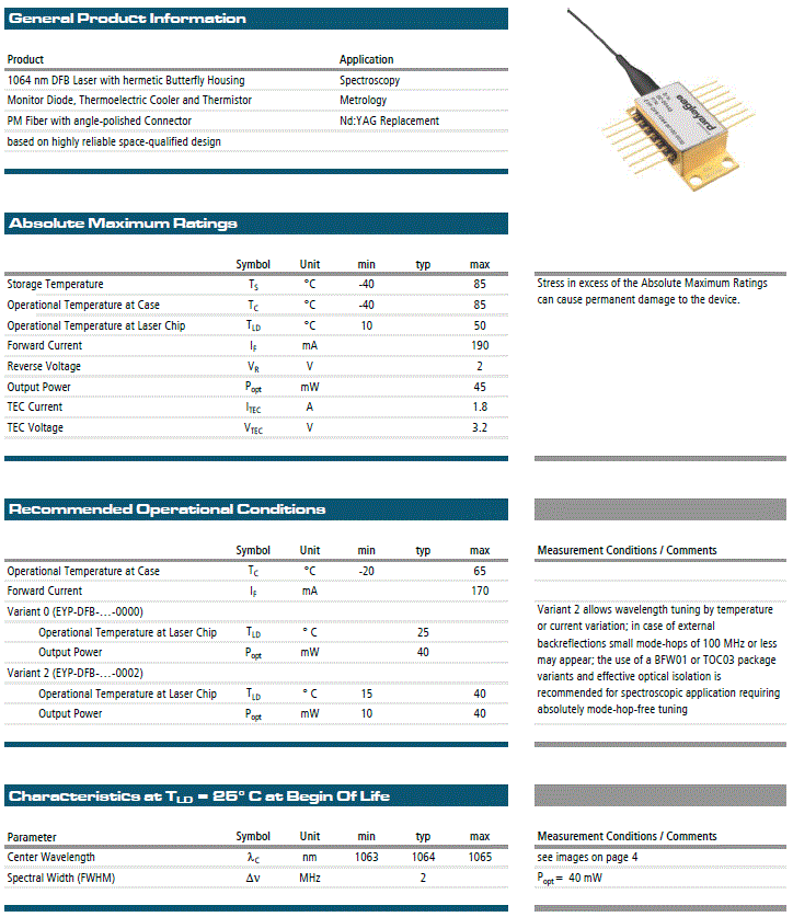 SINGLE FREQUENCY LASER DIODES Distributed Feedback Laser 1064 nm DFB ...