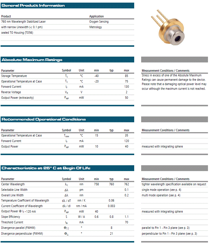 SINGLE FREQUENCY LASER DIODES Stabilized Ridge Waveguide Laser 760 nm ...