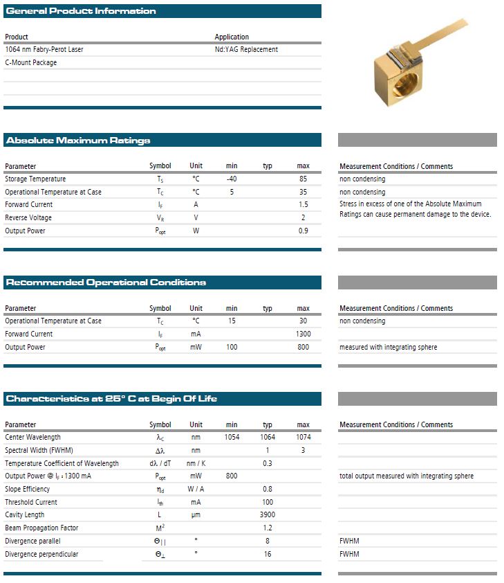 SINGLE MODE LASER DIODES Fabry-Perot Laser 1064 nm Fabry-Perot Laser C ...