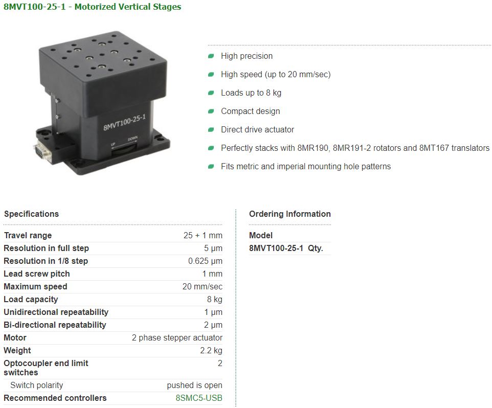 8MVT100-25-1 - Motorized Vertical Stages - (주)비엠레이저솔루션