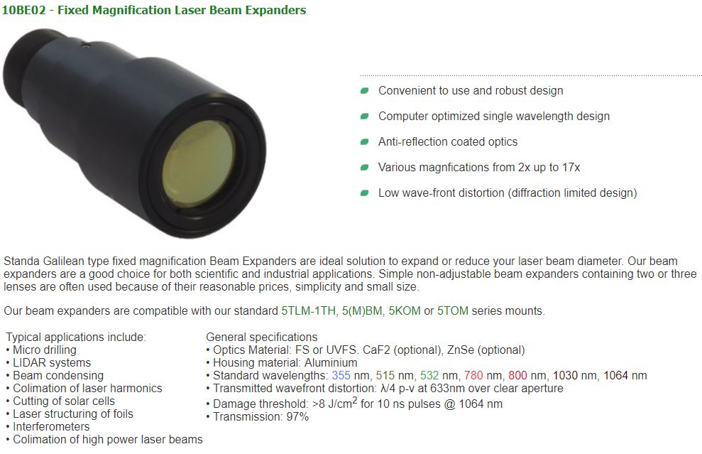 10BE02 - Fixed Magnification Laser Beam Expanders - (주)비엠레이저솔루션