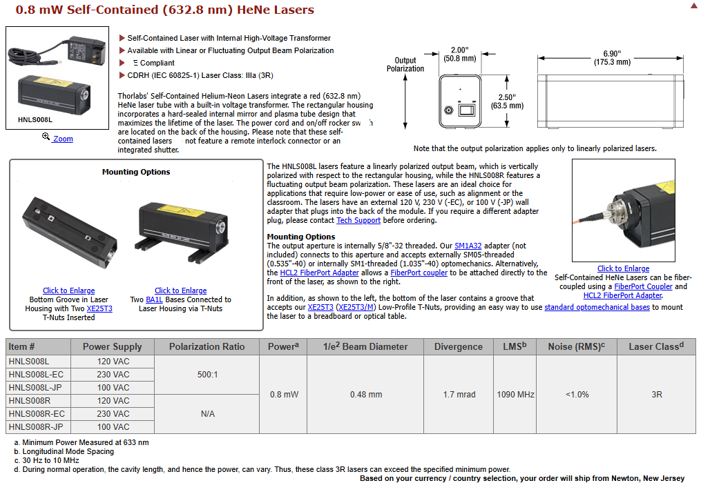 Thorlabs 0.8 mW Self-Contained (632.8 nm) HeNe Lasers - (주)비엠레이저솔루션