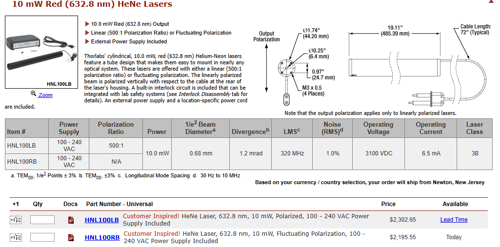 Thorlabs 10 mW Red (632.8 nm) HeNe Lasers - (주)비엠레이저솔루션