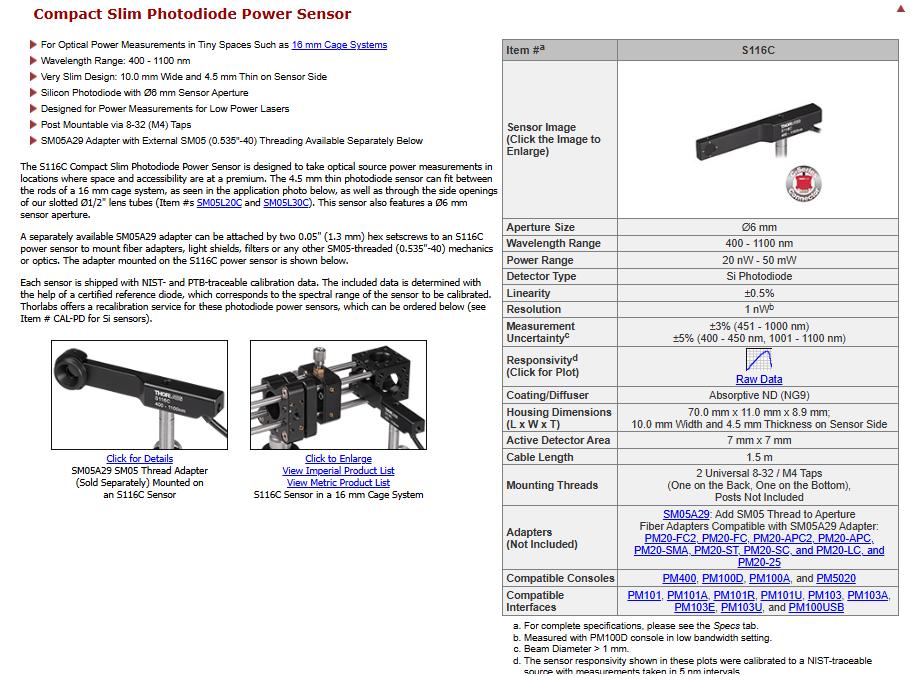 Thorlabs - S116C Compact Slim Photodiode Power Sensor - (주)비엠레이저솔루션