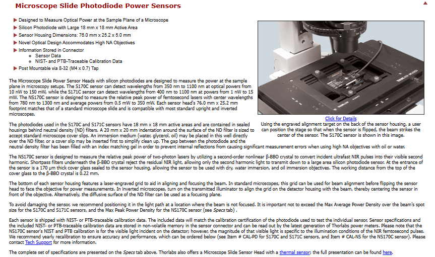 Thorlabs - S170C, S170C, NS170C Microscope Slide Photodiode Power ...