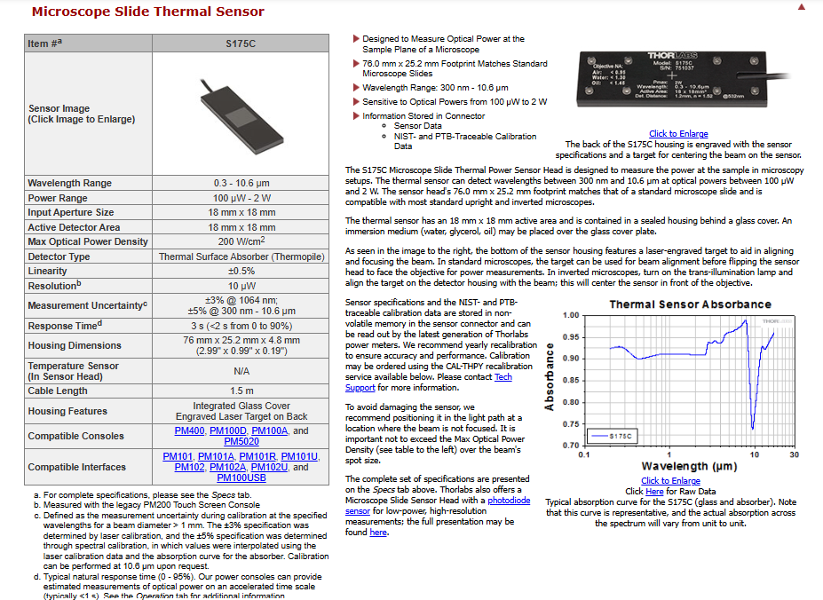 Thorlabs - S175C Microscope Slide Thermal Sensor - (주)비엠레이저솔루션