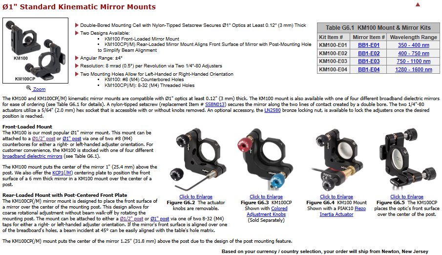 Thorlabs - KM100 Kinematic Mirror Mount - (주)비엠레이저솔루션